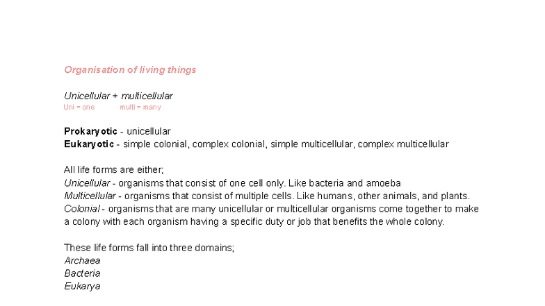 Module 2 Bio Notes: Organisation of Living Things - Unicellular ...