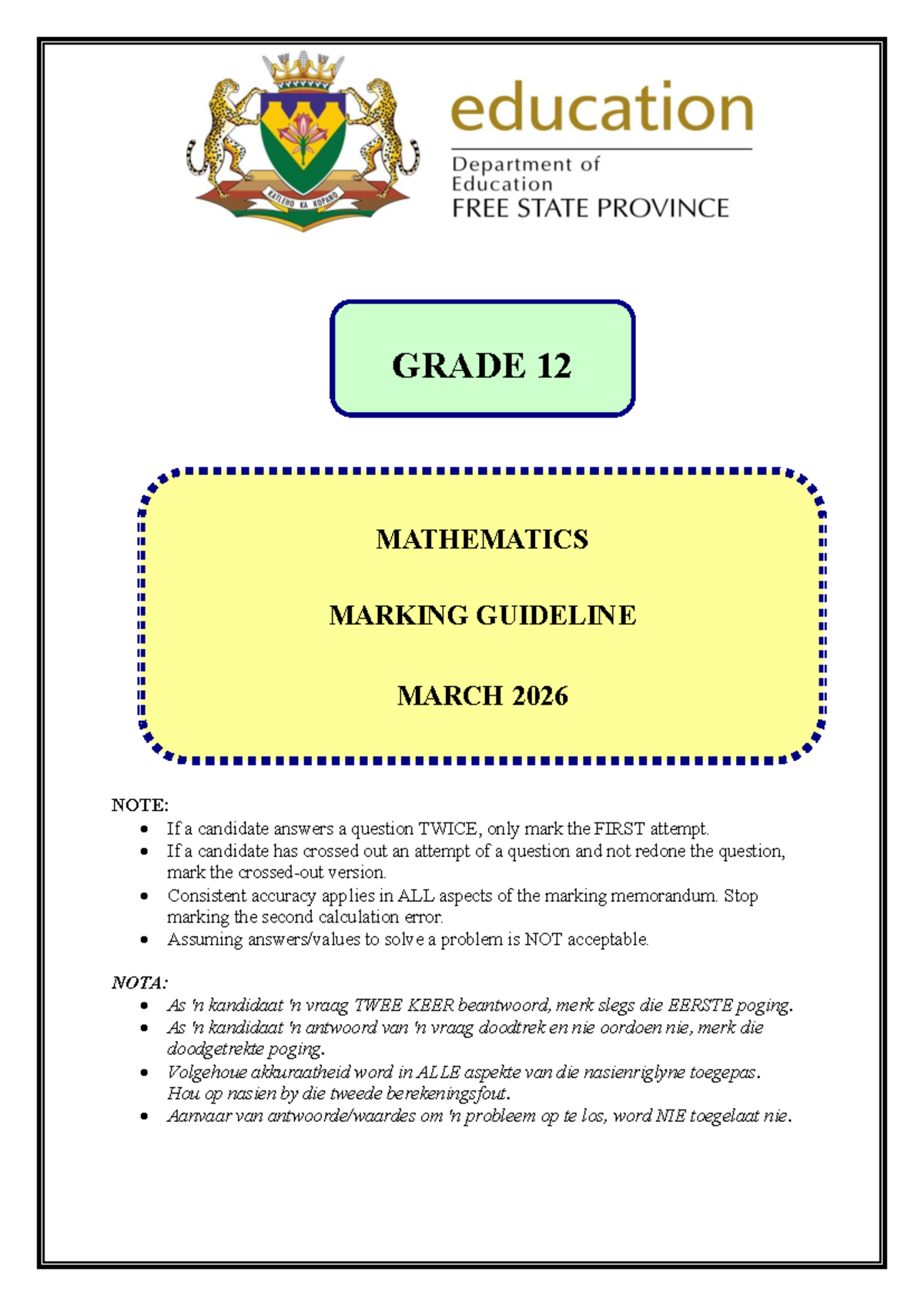 Gr 12 Mathematics Marking Guidelines - March 2026 - Studocu