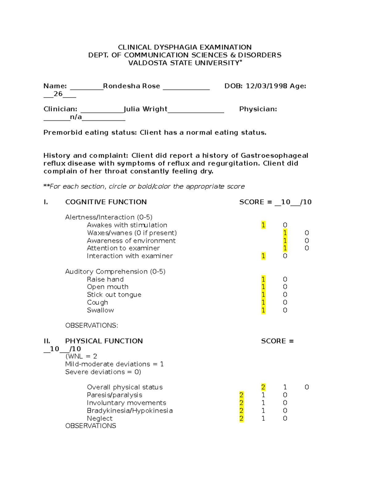 CDE 101: Clinical Dysphagia Examination Report - Studocu
