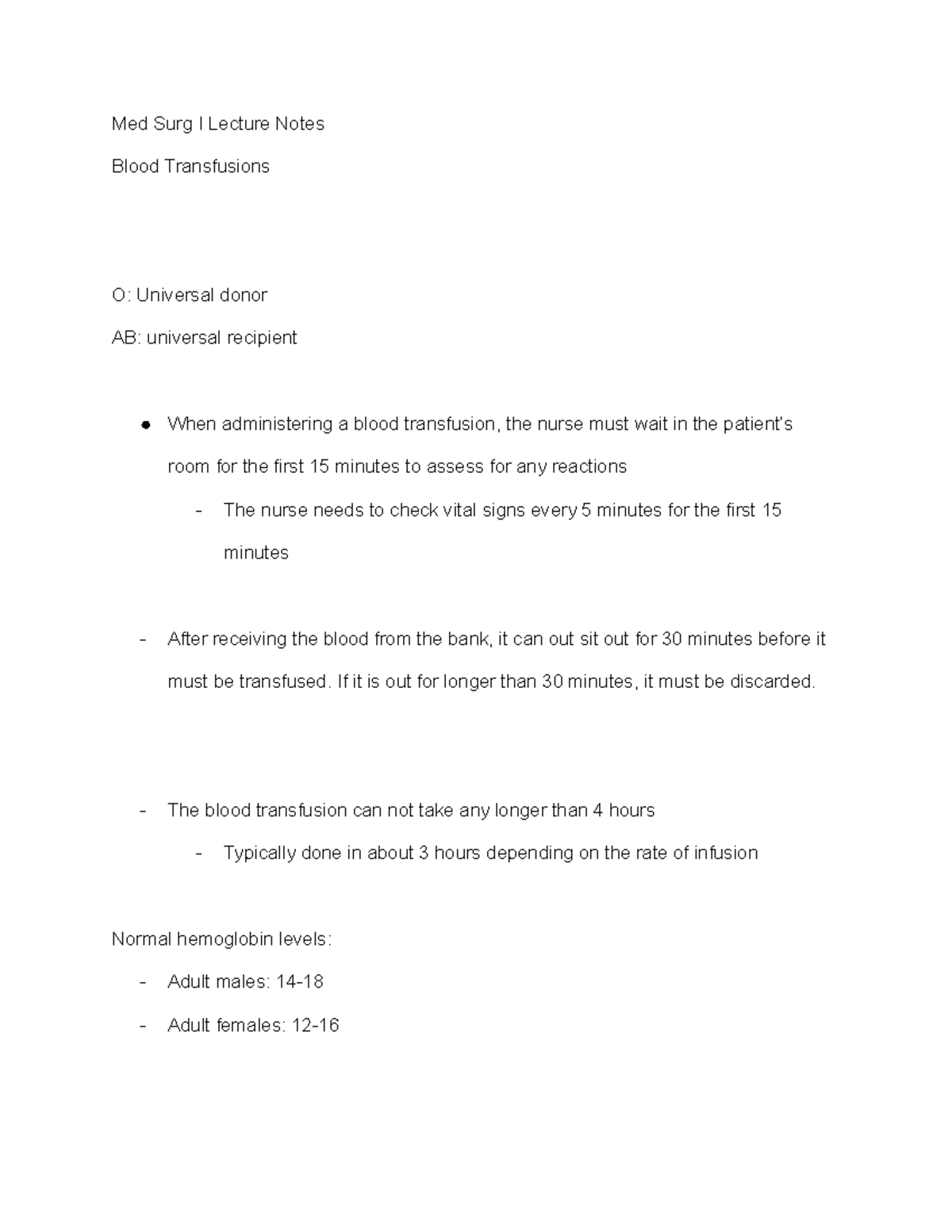 Med Surg I Lecture Notes Blood transfusions - Med Surg I Lecture Notes ...