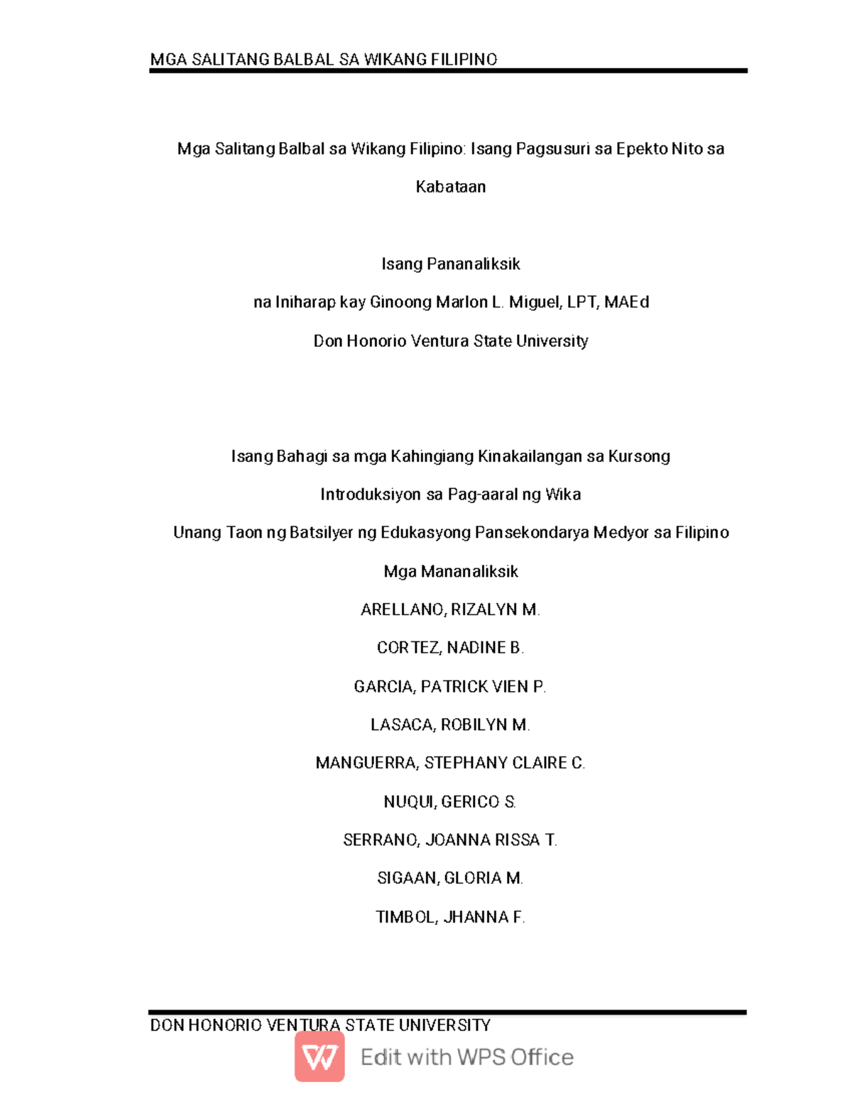 Epekto ng Mga Salitang Balbal sa Kabataan: Isang Pagsusuri (EDUC 101 ...