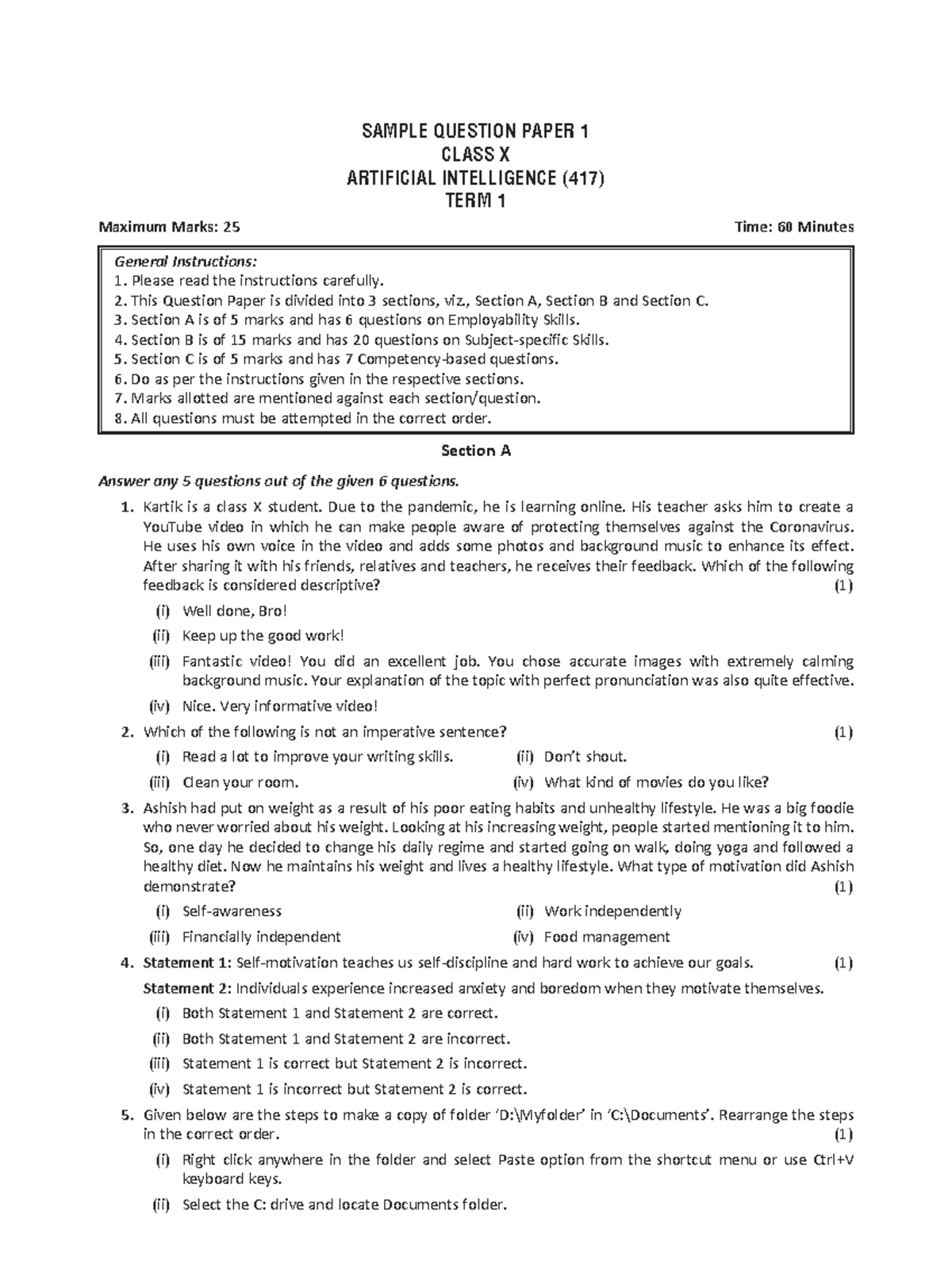 Artificial Intelligence Class X Sample Question Paper 417 Term 1 - Studocu