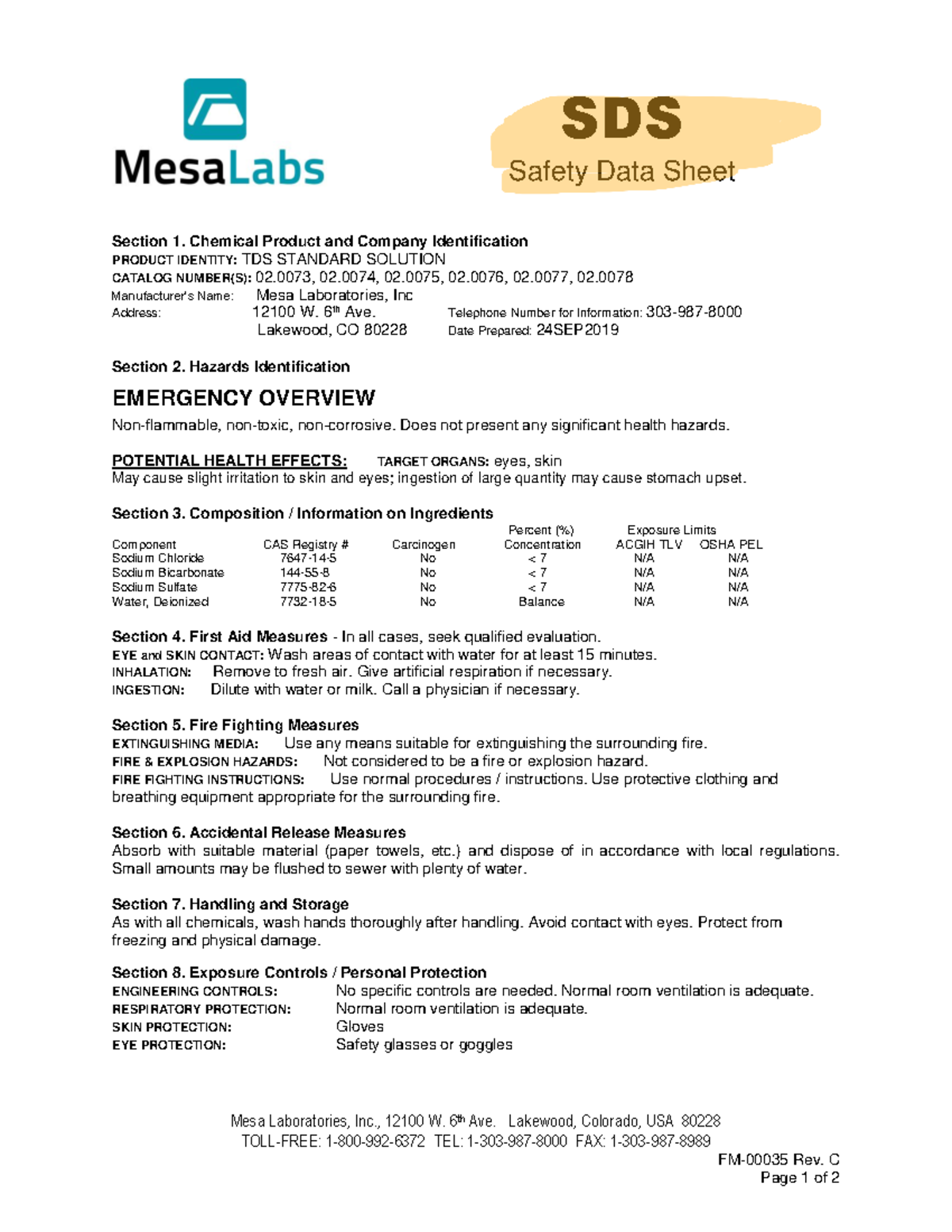 FM-00035-v C-TDS Standard Solution SDS Overview and Safety Guidelines ...