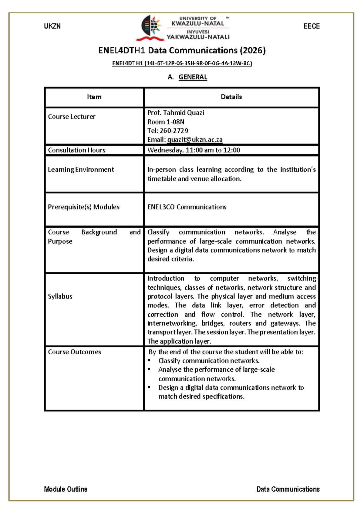 UKZN EECE ENEL4DTH1 Data Communications Course Outline (2026) - Studocu