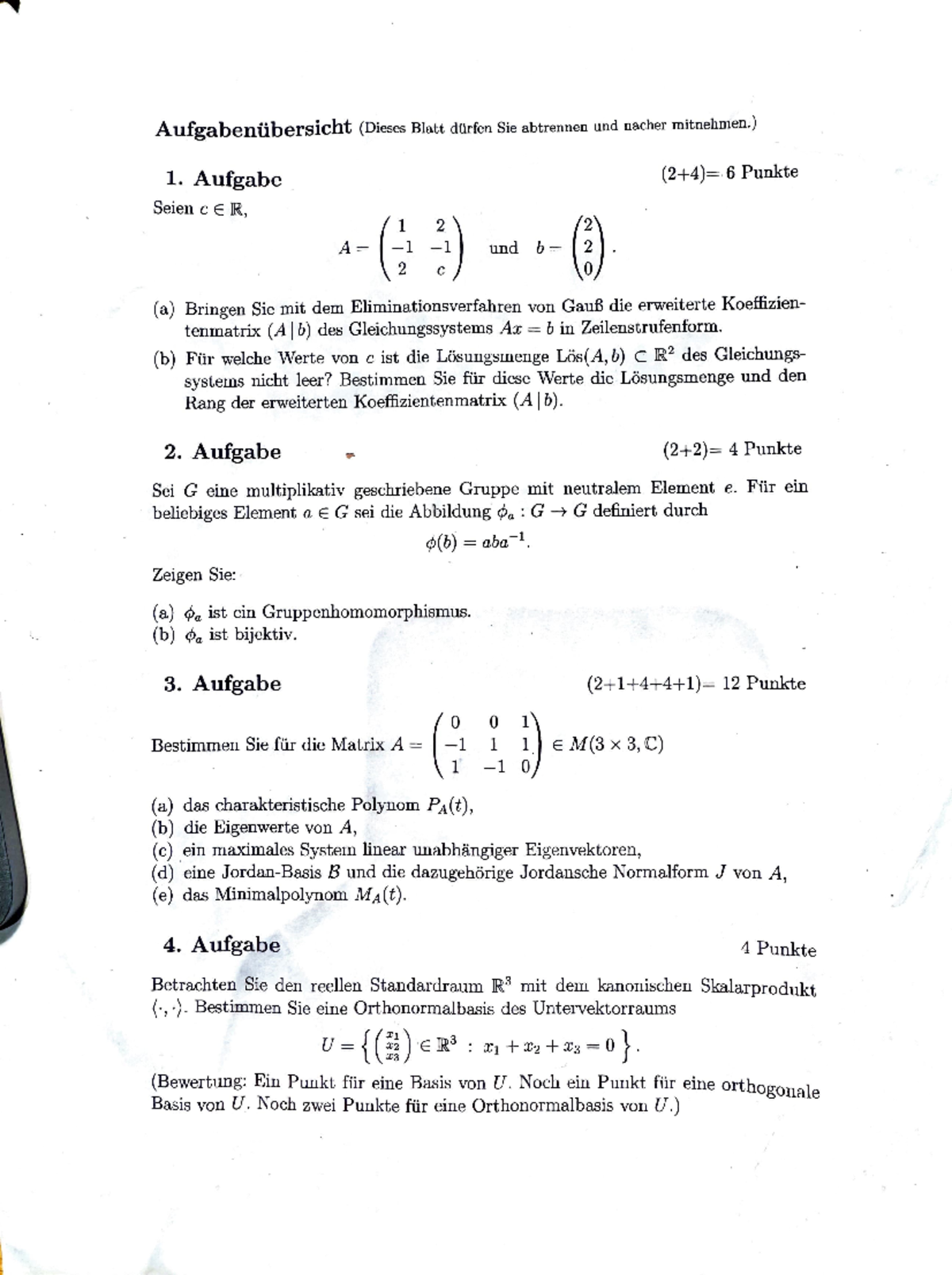 Lineare Algebra I+II SS24 - Aufgabeniibersicht (DiesesBlattdtirfen Sie ...