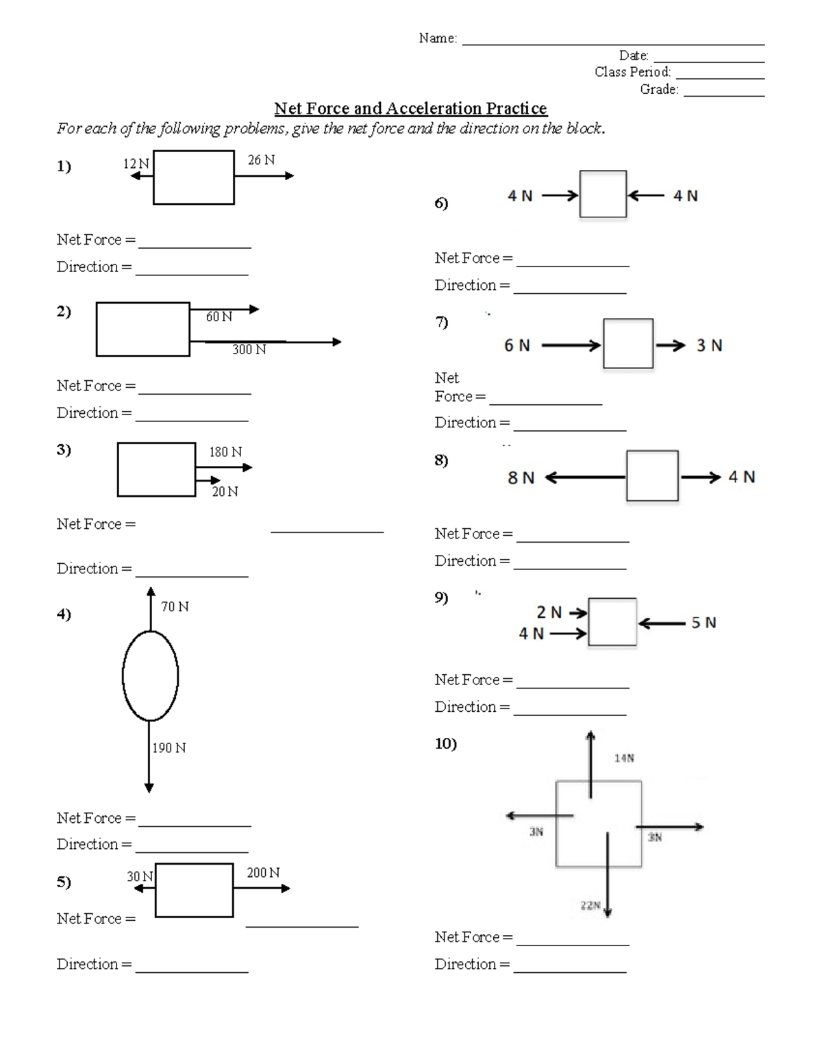 Net Force & Acceleration Practice Worksheet (Physics 101) - Studocu