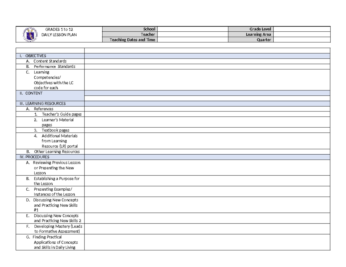 Daily Lesson Plan Format DO 42 S 2016 for Grades 1-12 - Studocu