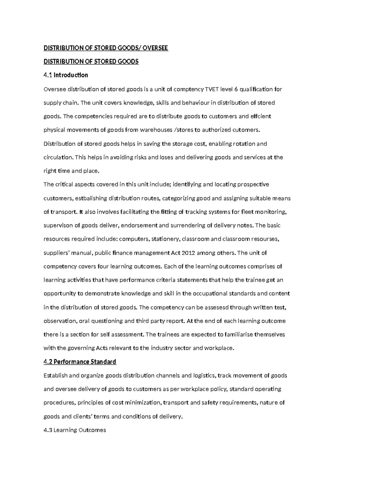 Distribution of stored goods: TVET level 6 competency notes - Studocu
