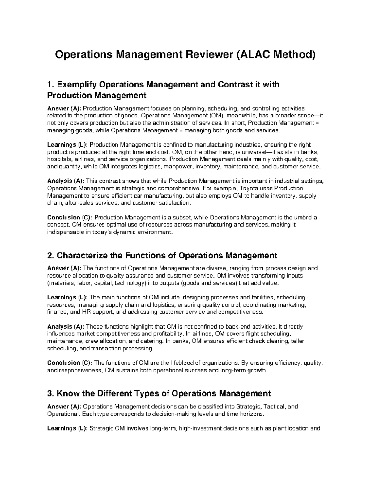 Operations Management Review: Functions, Types, and Issues (OM 101 ...