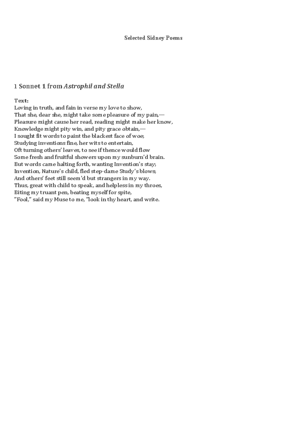 Selected Sidney Poems: Sonnet 1 & 31 from Astrophil and Stella - Studocu