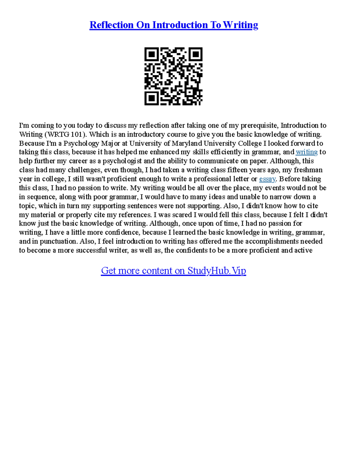 Reflection on Introduction to Writing (WRTG 101) Experience - Studocu