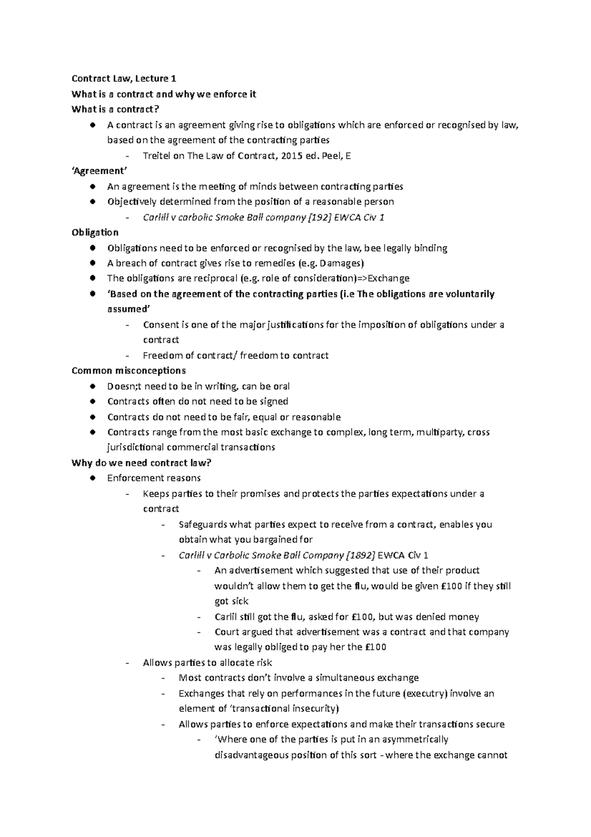 Contract Law, Lecture 1 - Peel, E ‘Agreement’ An agreement is the ...