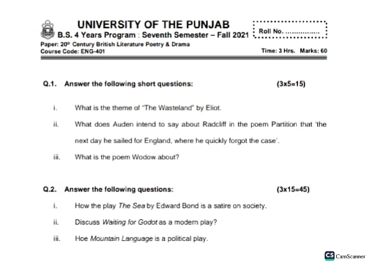 (Exam Papers) (ENG-401) 20th Century British Literature Poetry & Drama ...