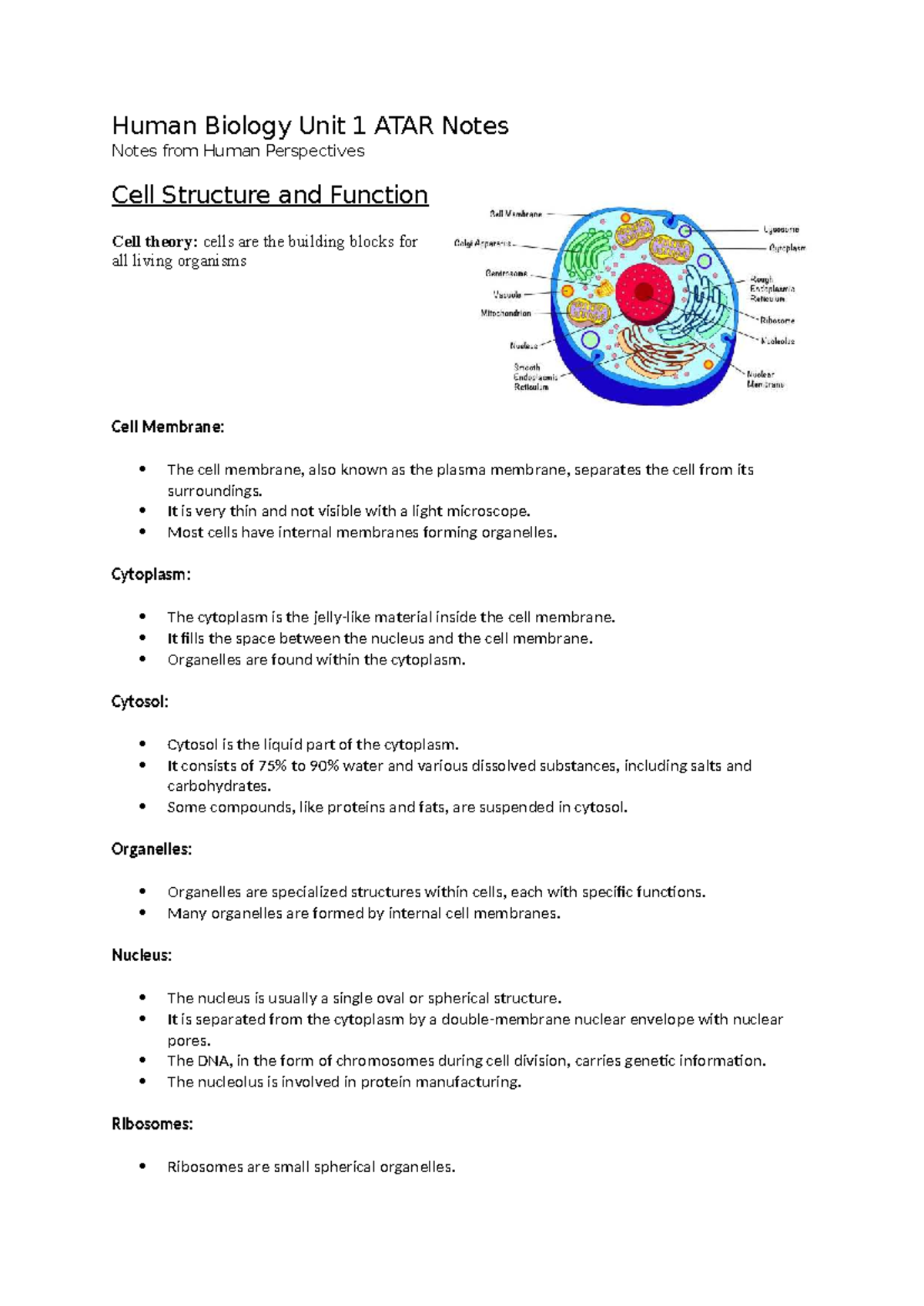 Human Biology Unit 1 ATAR: Comprehensive Cell Structure & Function ...