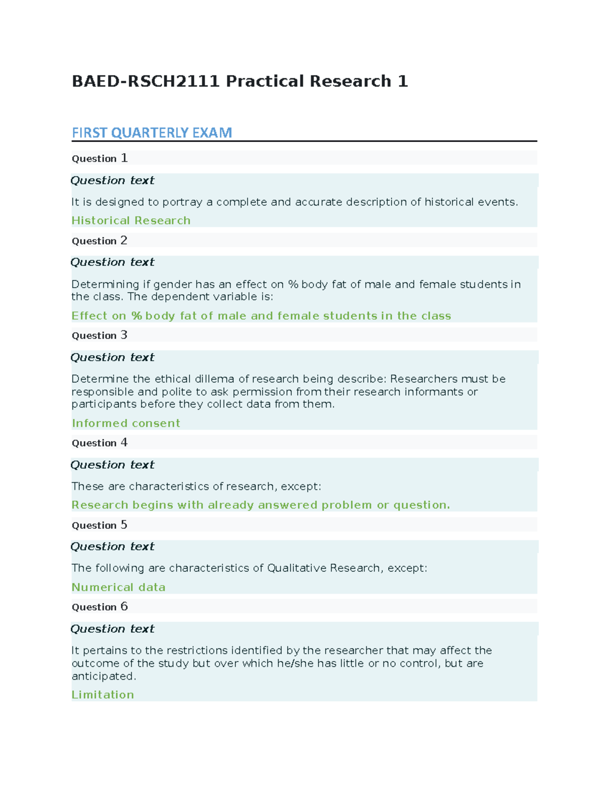 BAED-RSCH2111 Practical Research 1 First Quarterly Exam Review - Studocu