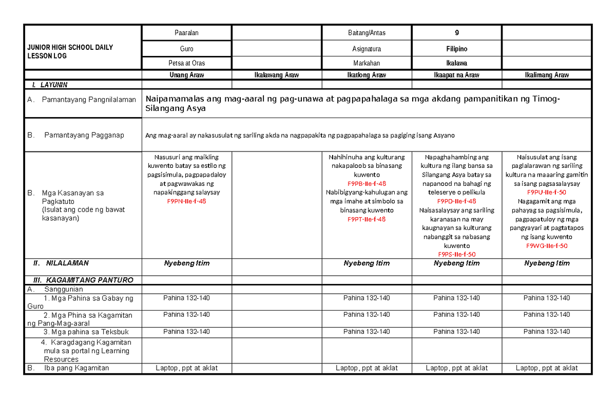 JUNIOR HIGH SCHOOL DLL: Filipino Lesson Log for Week 9 - Studocu