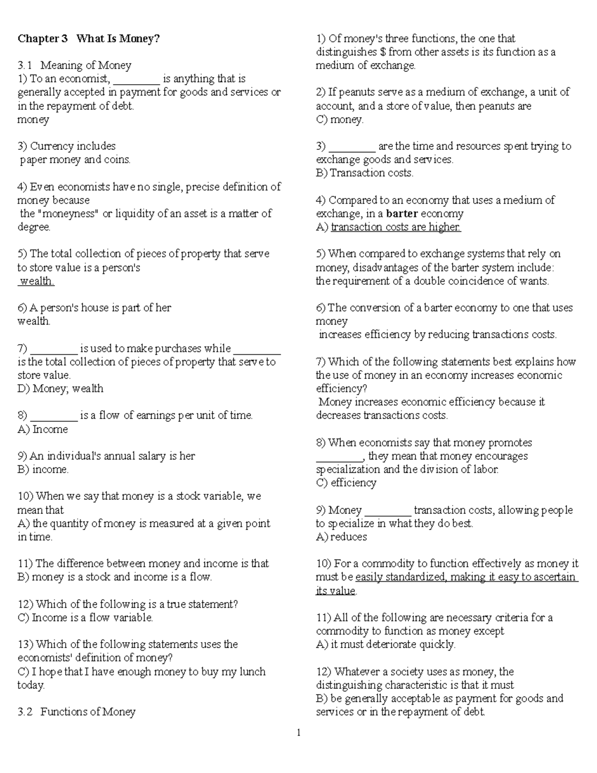 Chap03 - Chapter 3 Test bank - Chapter 3 What Is Money? 3 Meaning of ...