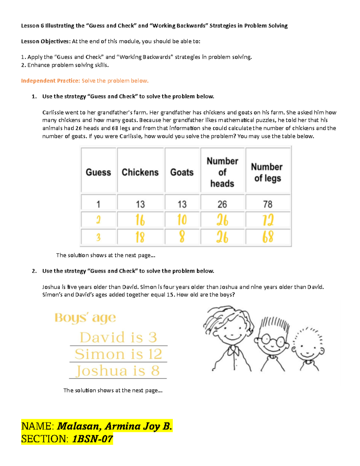 MAT 152 Lesson 6 - math - Lesson 6 Illustrating the “Guess and Check ...