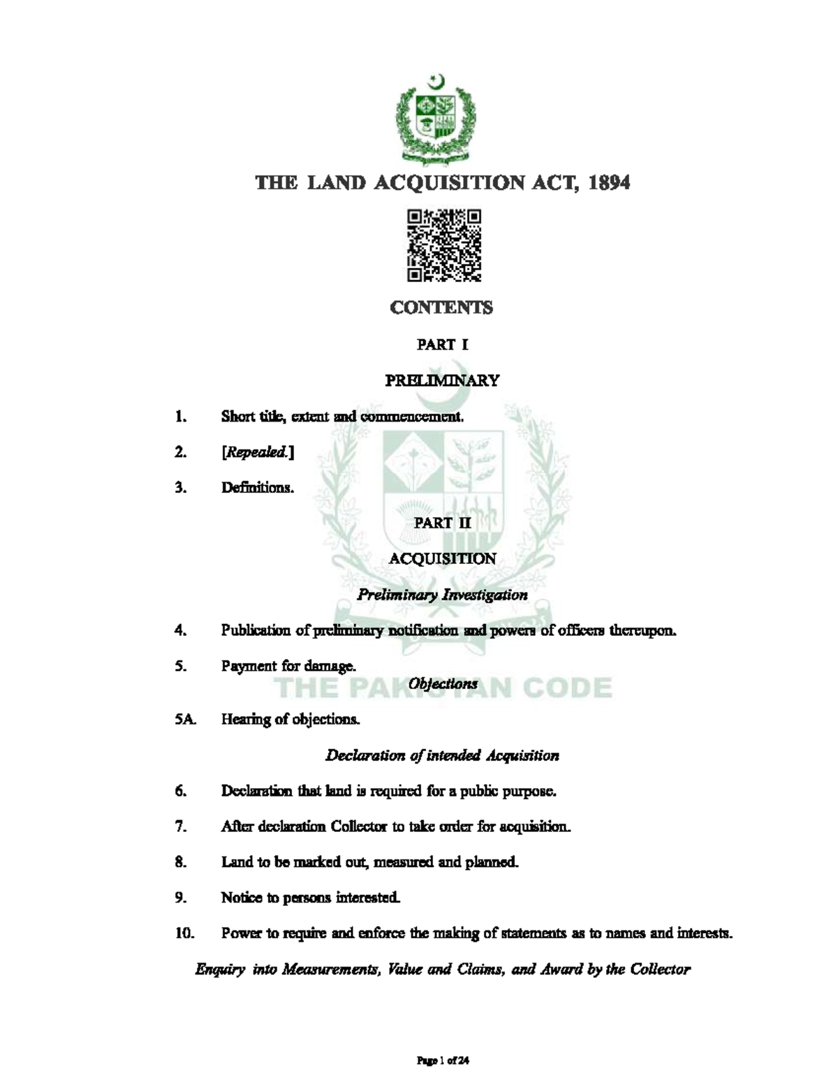 Land Acquisition Act, 1894: Comprehensive Overview and Provisions - Studocu
