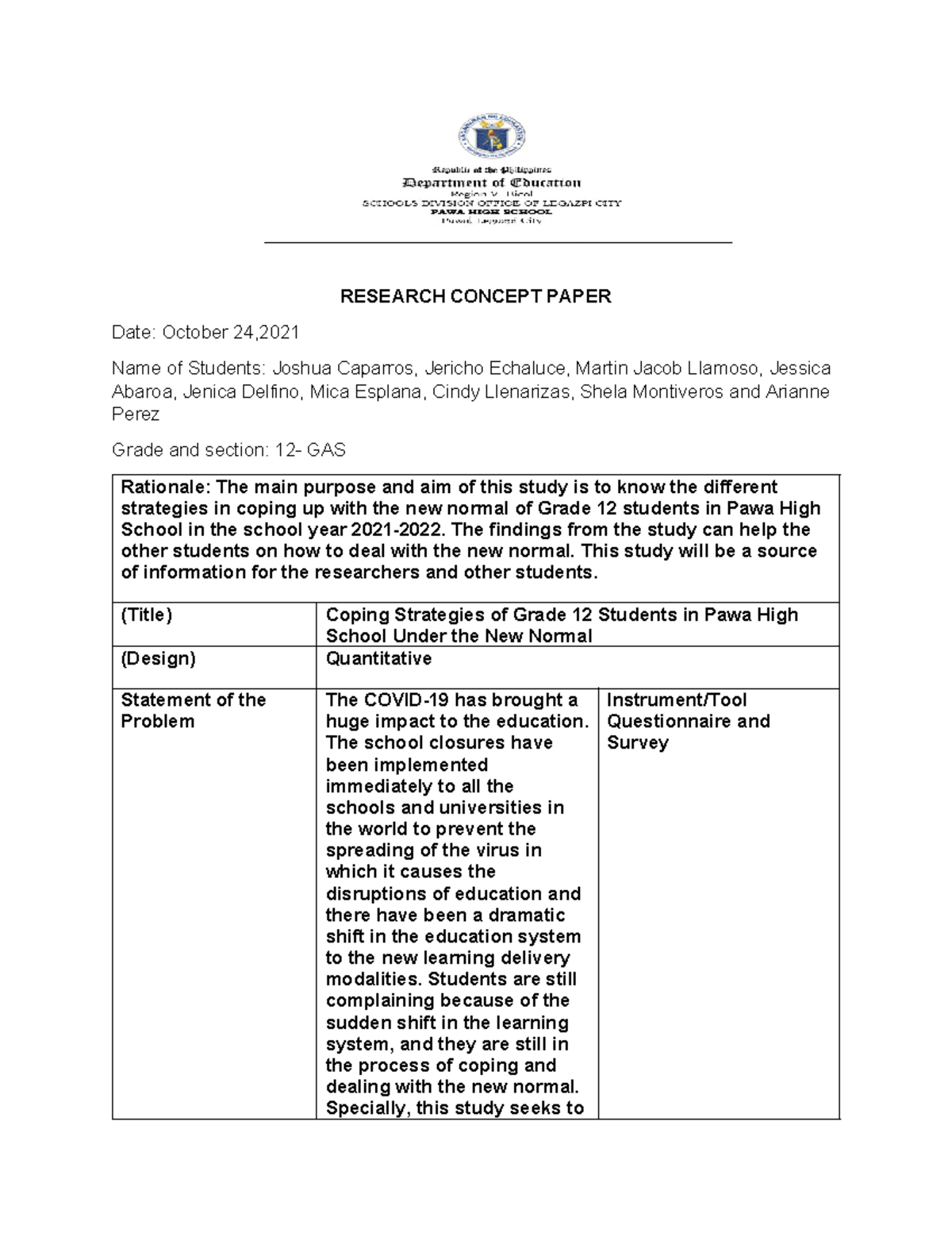 Research Concept Paper: Coping Strategies of Grade 12 - GAS Students ...