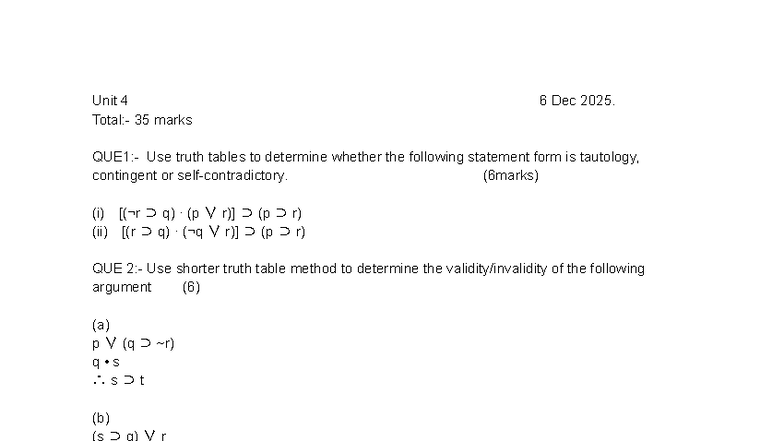 Formal Logic Unit 4 Test: Truth Tables & Symbolization Techniques - Studocu