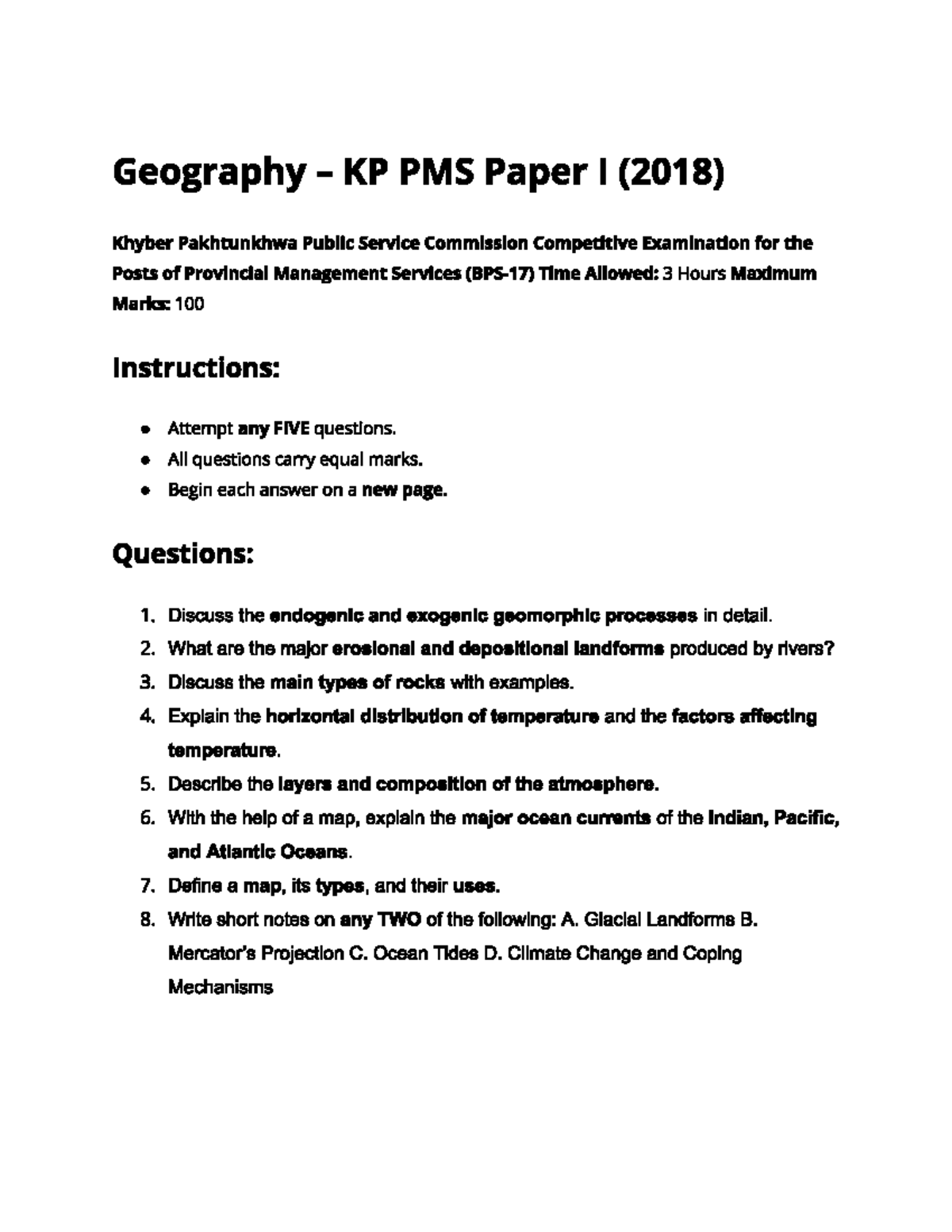 Geography KP PMS Paper I (2018) - CSS Exam Preparation Notes - Studocu