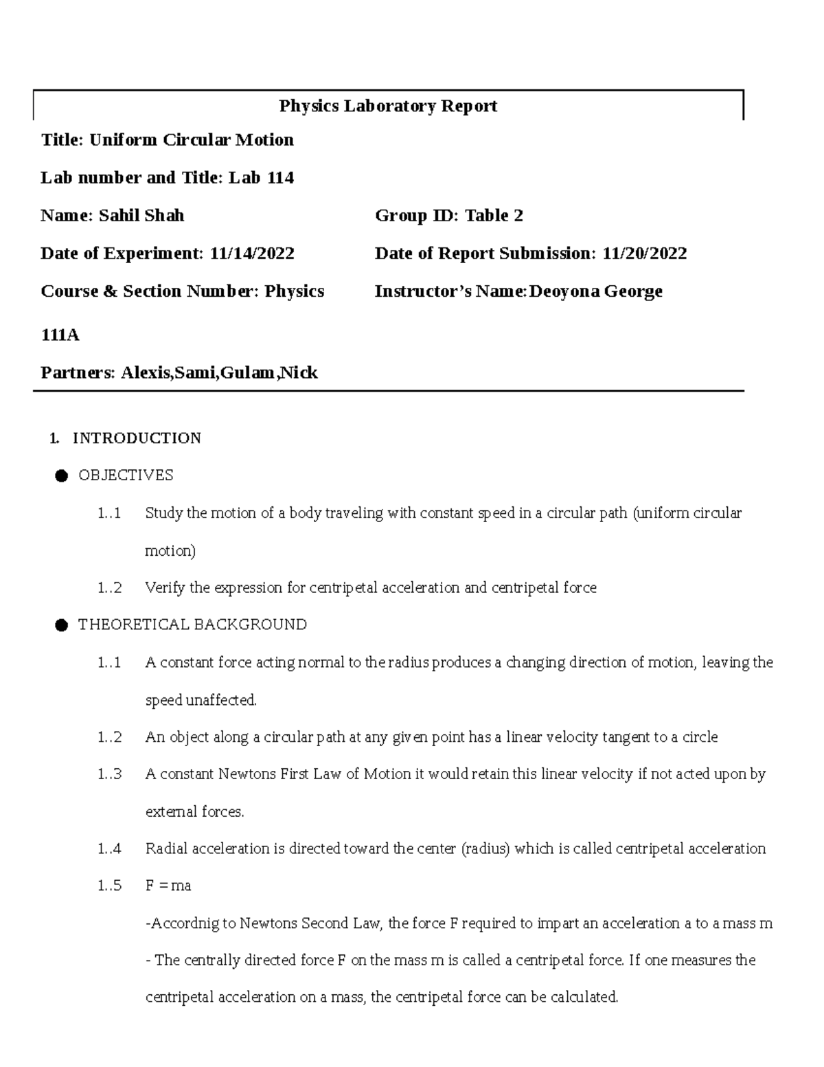 Lab Report 114 - Understanding Uniform Circular Motion in Physics - Studocu