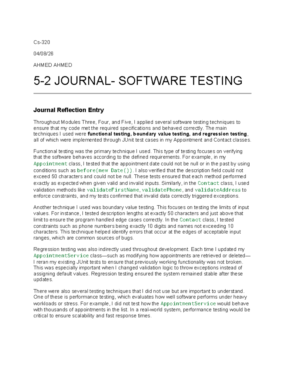 CS-320 Module 5 Journal: Reflection on Software Testing Techniques ...
