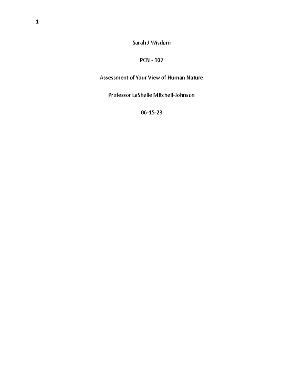 PCN-107: Week 1 - Assessment of Human Nature Perspectives - Studocu