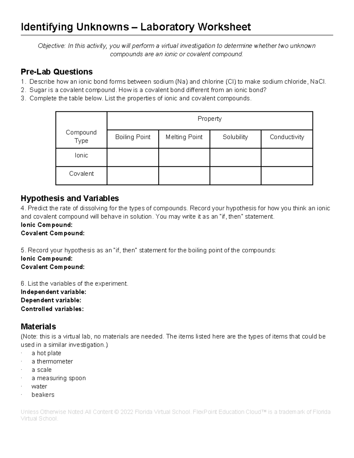 5.02 - Laboratory Worksheet for Identifying Ionic & Covalent Compounds ...