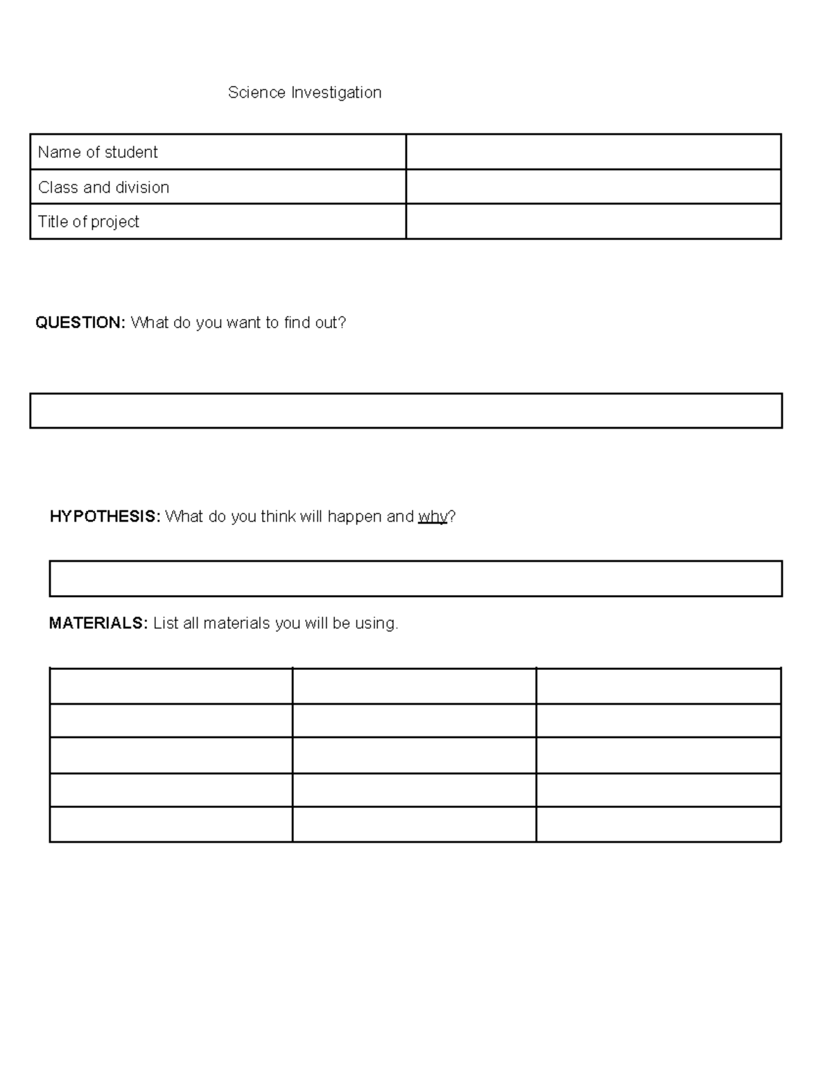 science investigation template 678 - Creativity, Activity, Science ...