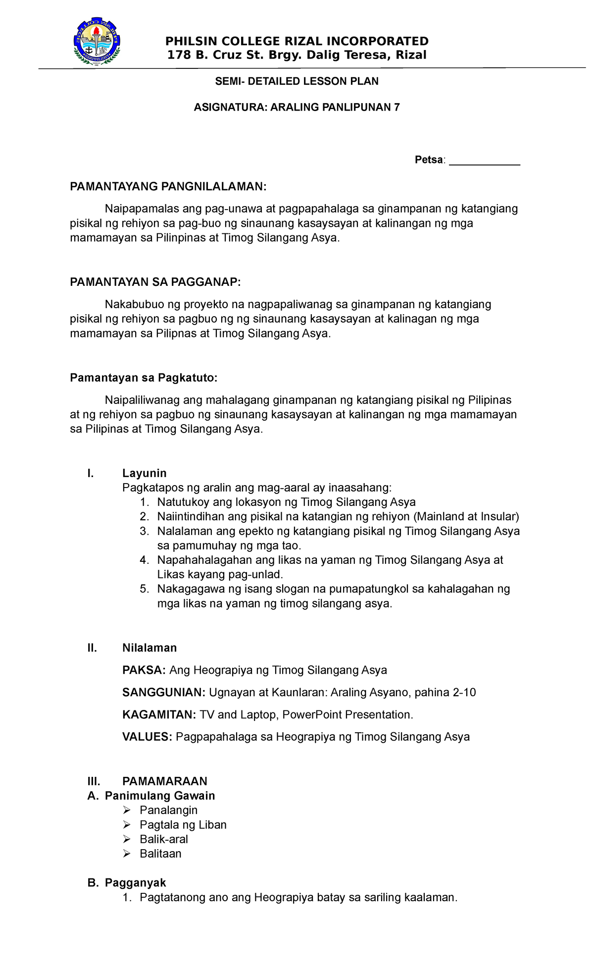 Lesson Plan 7 AP WEEK 1 - N/A - PHILSIN COLLEGE RIZAL INCORPORATED 178 ...