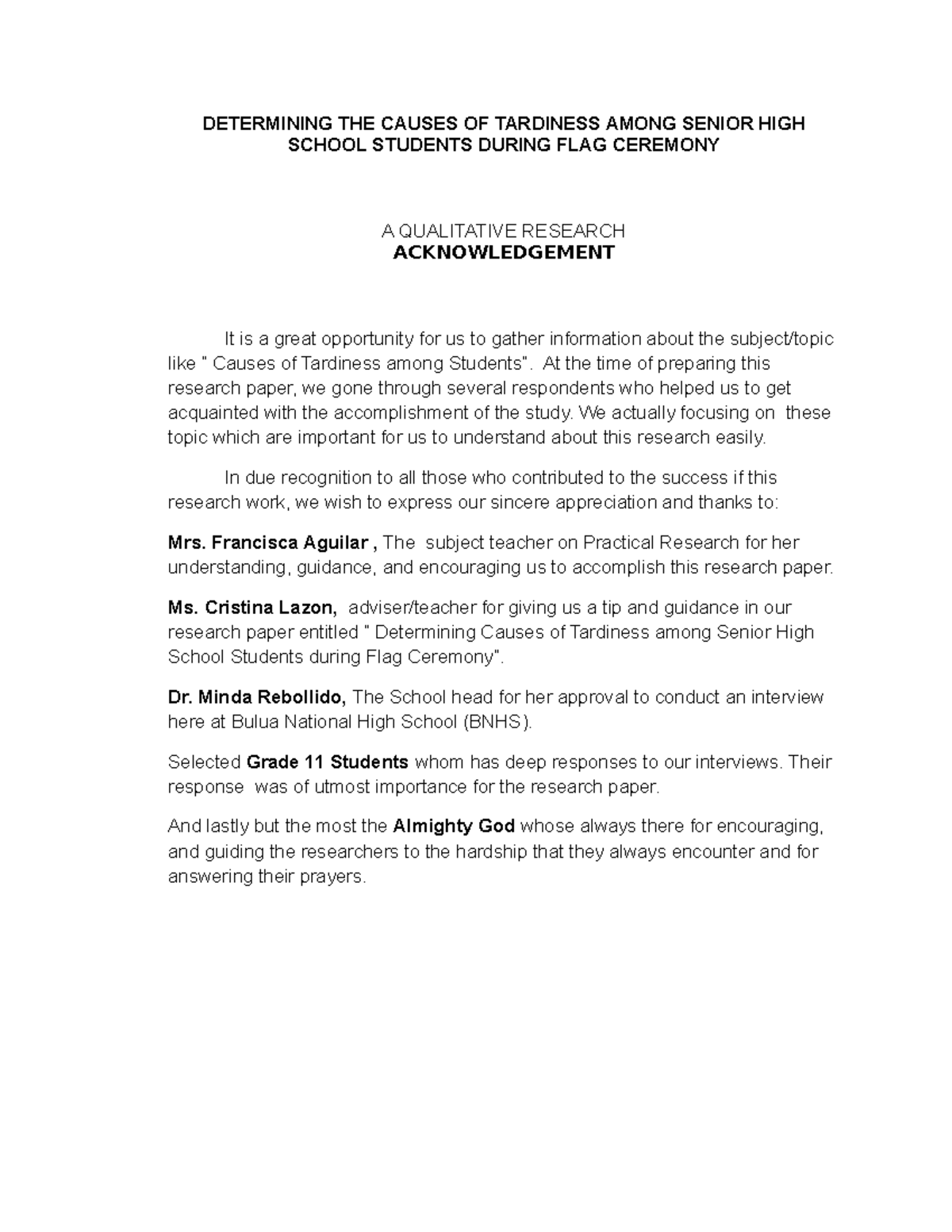 Tardiness- Final- Edited (1) - DETERMINING THE CAUSES OF TARDINESS ...
