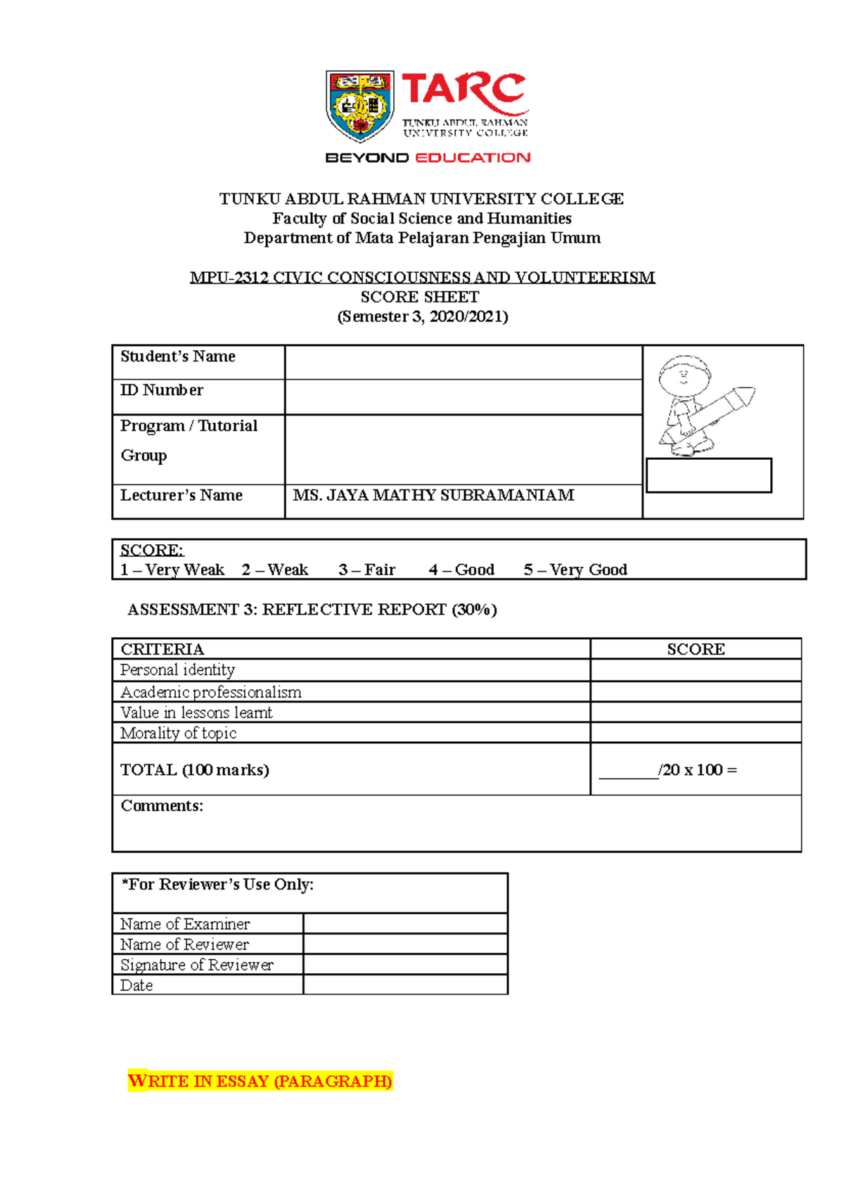 Reflective Report ( Template) - TUNKU ABDUL RAHMAN UNIVERSITY COLLEGE ...