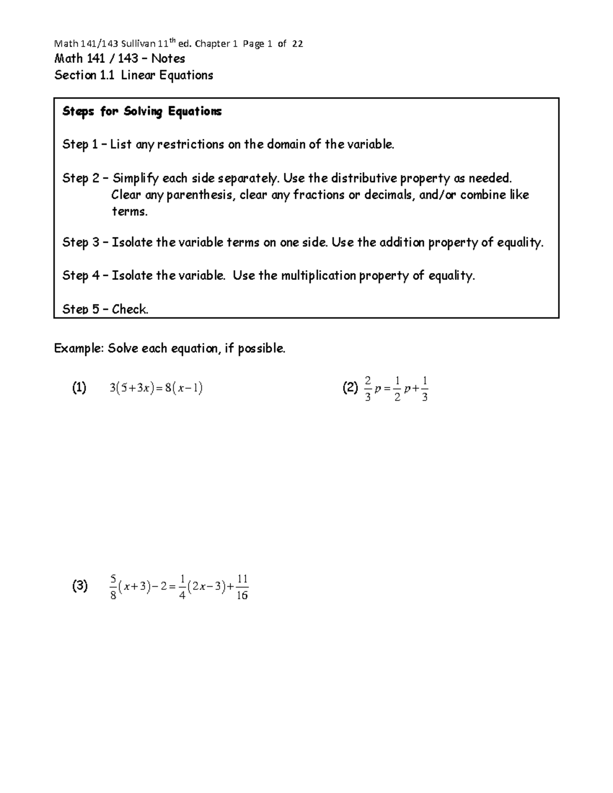 Math 141 / 143 – Notes: Chapter 1 Practice Worksheets on Equations ...