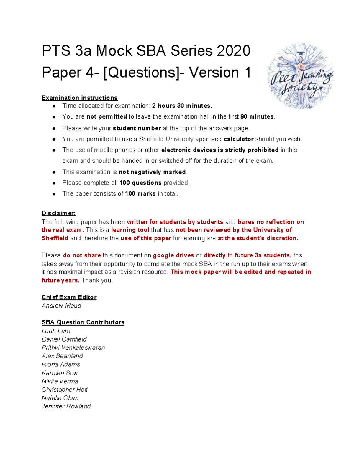 Mock SBA 4 - SBA practice - PTS 3a Mock SBA Series 2020 Paper 4 ...