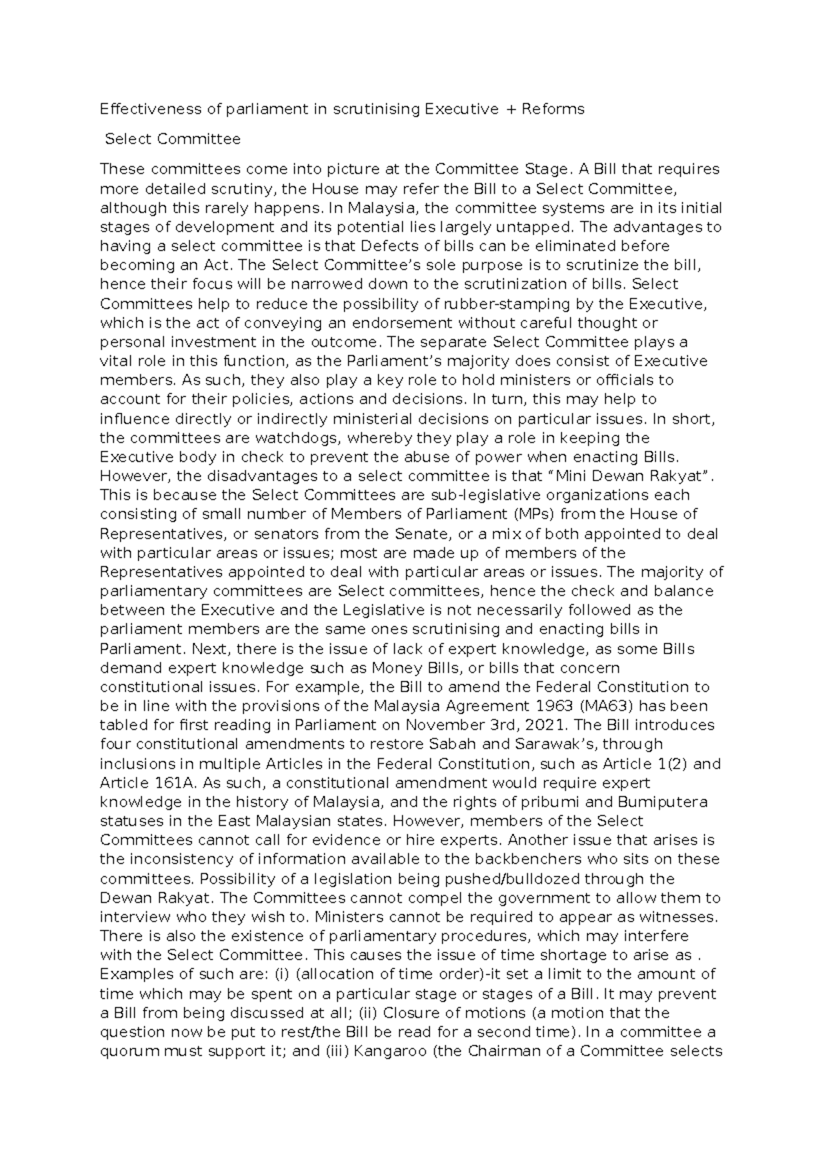 Effectiveness of parliament in scrutinising Executive - A Bill that ...