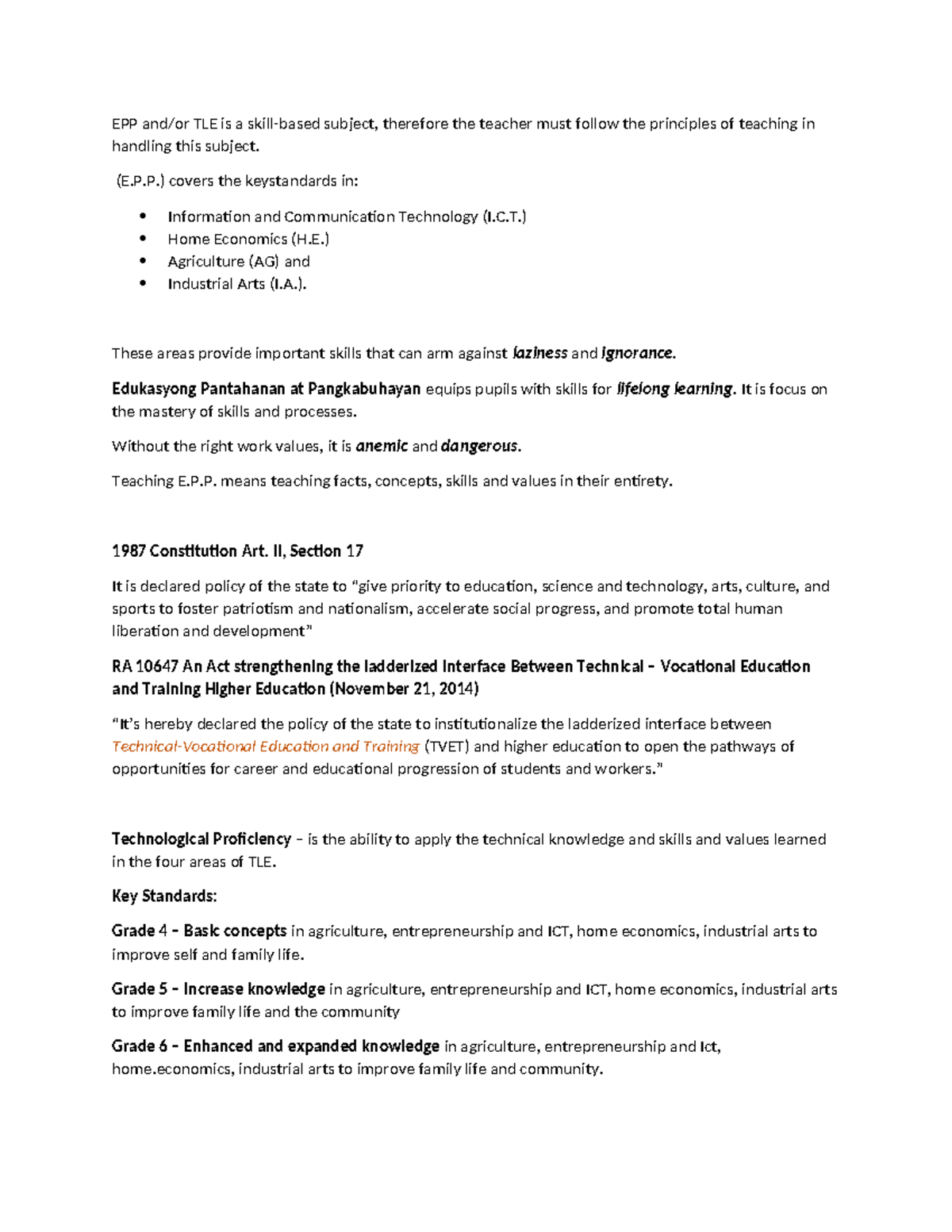 EPP Lecture: Principles of Teaching in TLE Subjects - Studocu
