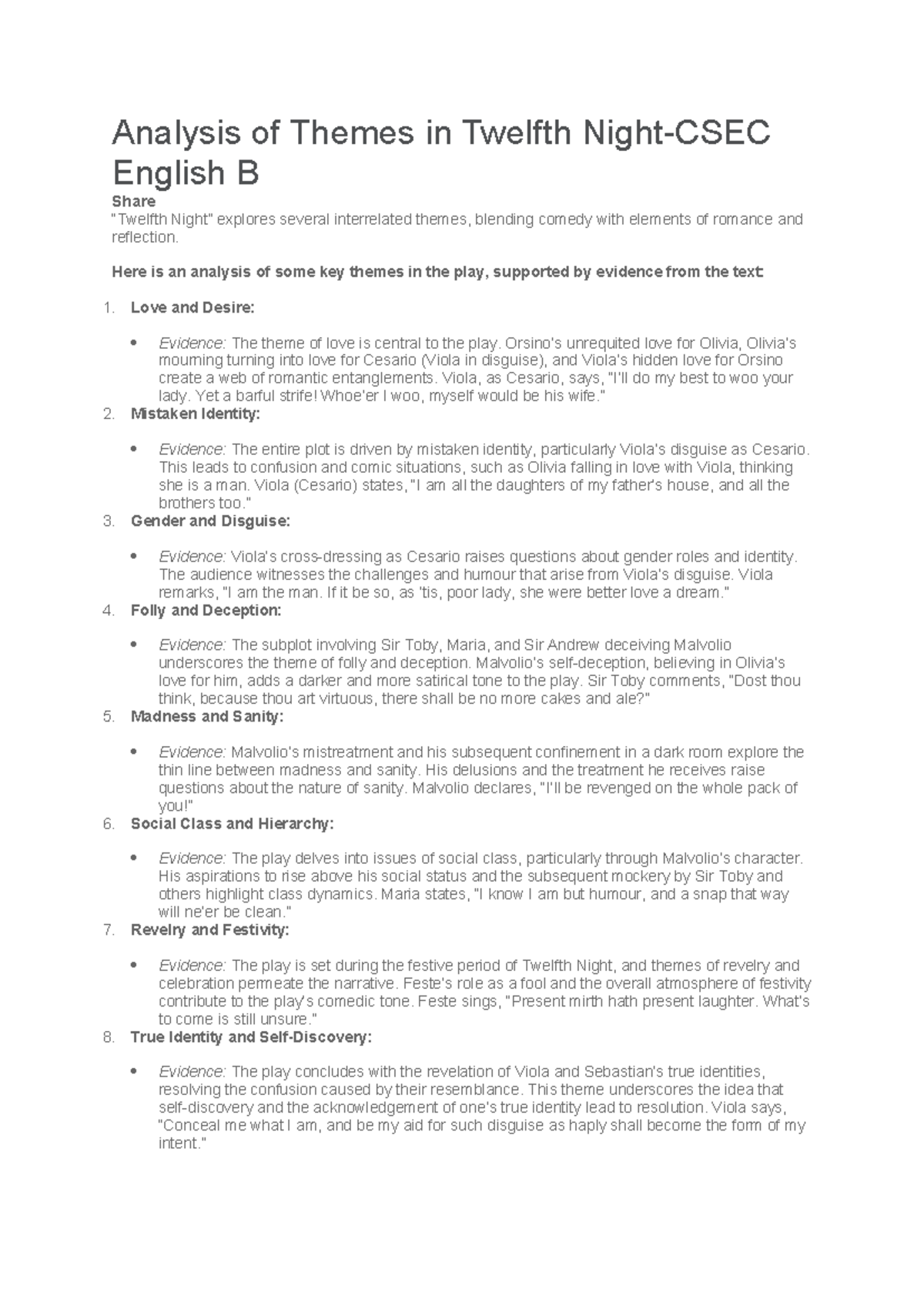 CSEC English B: Themes Analysis in Shakespeare's Twelfth Night - Studocu