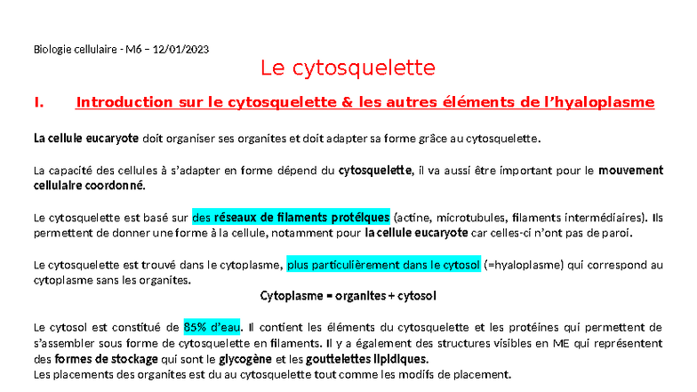 Biologie Cellulaire M6 I : Notes de Cours sur le Cytosquelette - Studocu