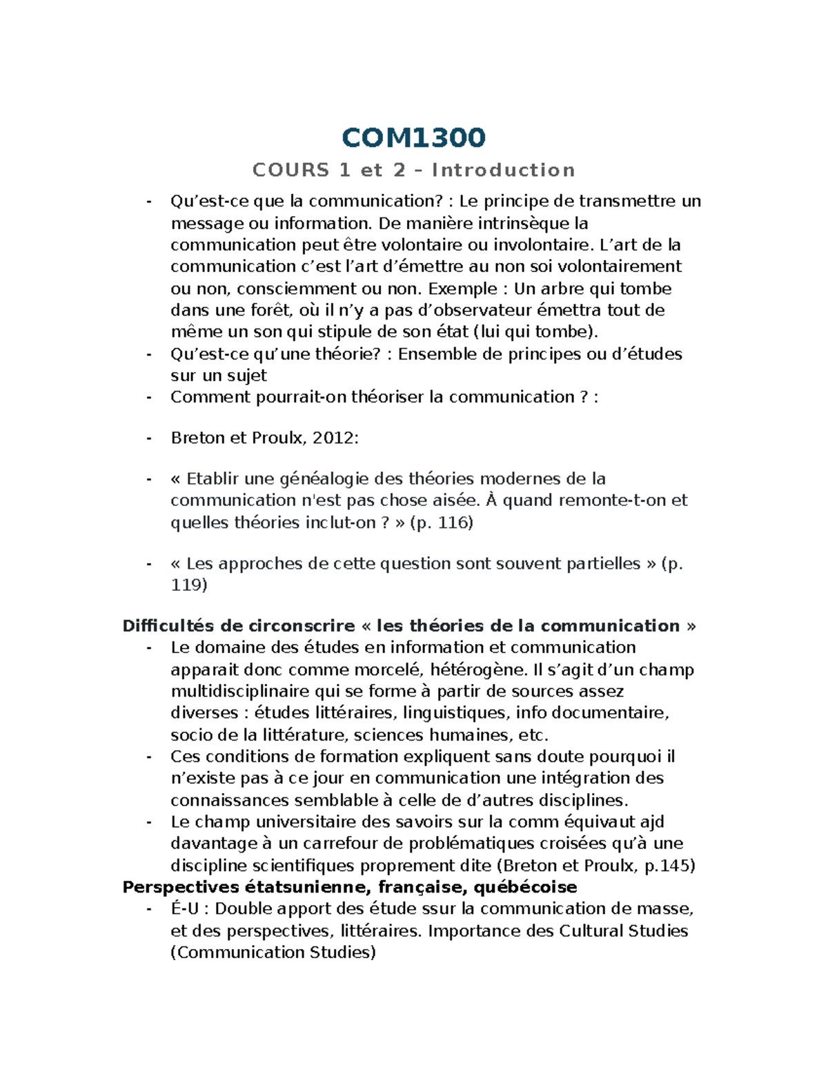 COM1300 - notes - COM COURS 1 et 2 – Introduction Qu’est-ce que la ...