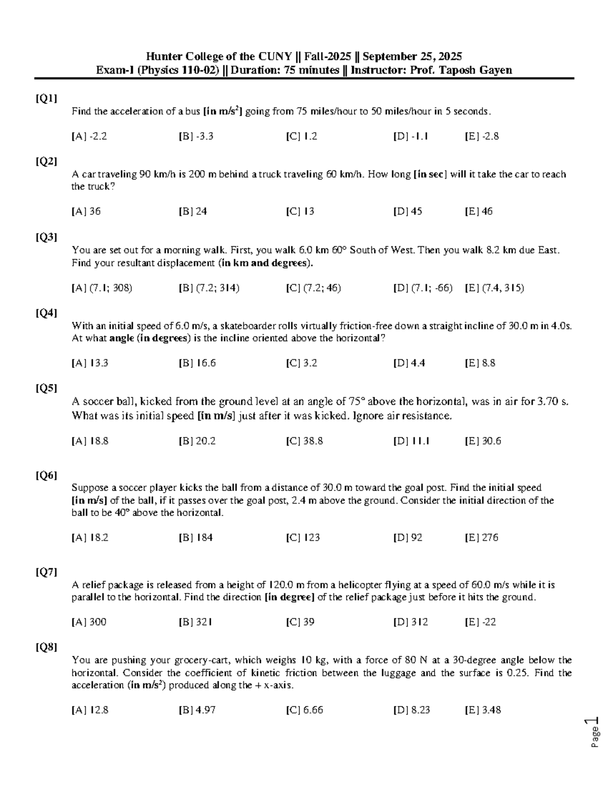 PHYS110 Final Exam I Fall 2025: Physics Problems and Solutions - Studocu