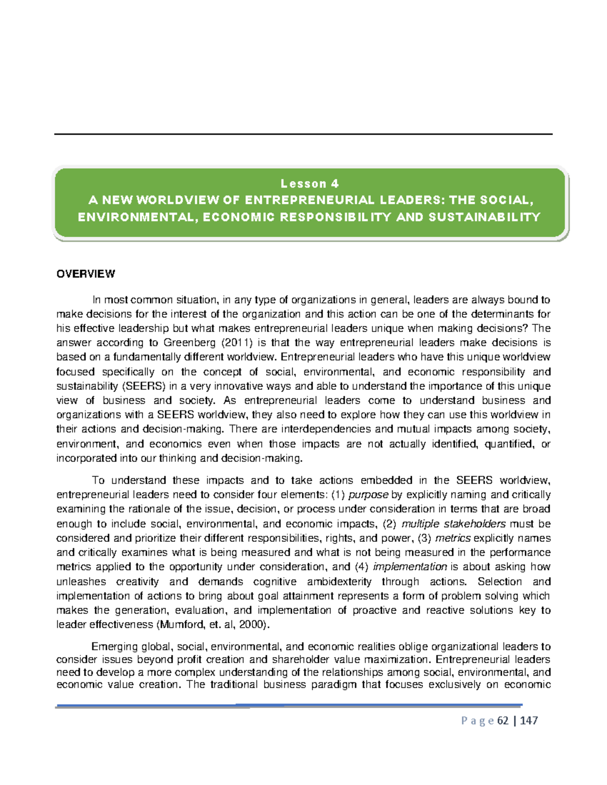 PUP-CBA ENTREPRENEURSHIP Lesson 4: SEERS Worldview in Leadership - Studocu