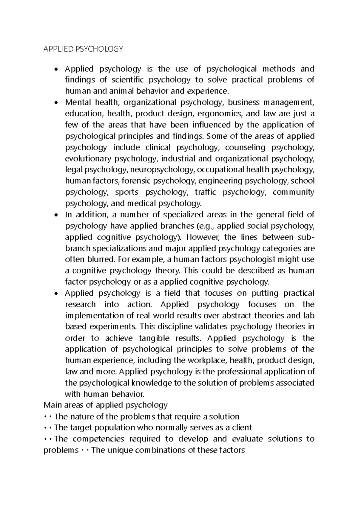 Applied Psychology Notes: Key Concepts and Everyday Applications - Studocu