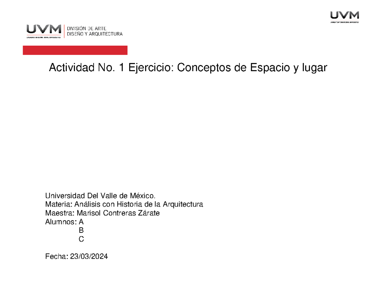 Actividad 1: Conceptos de Espacio y Lugar en Arquitectura I - Studocu
