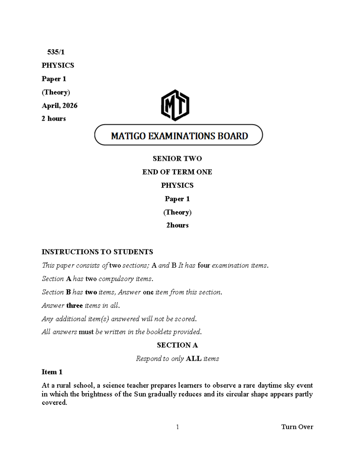 S2 Physics End of Term 1 Exam Paper April 2026 - Studocu