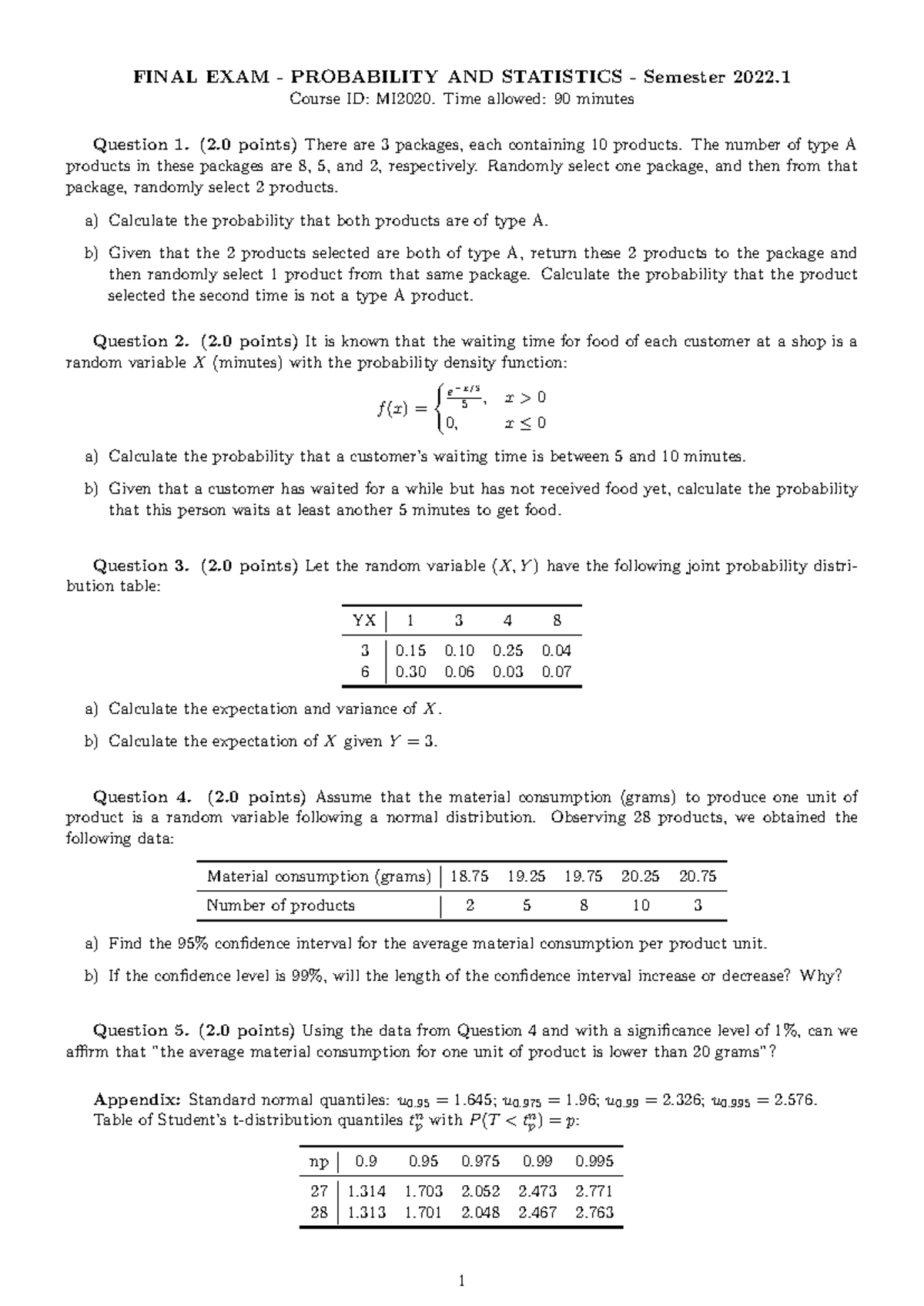 FINAL EXAM MI2020E: Probability & Statistics 2022.1 - Studocu
