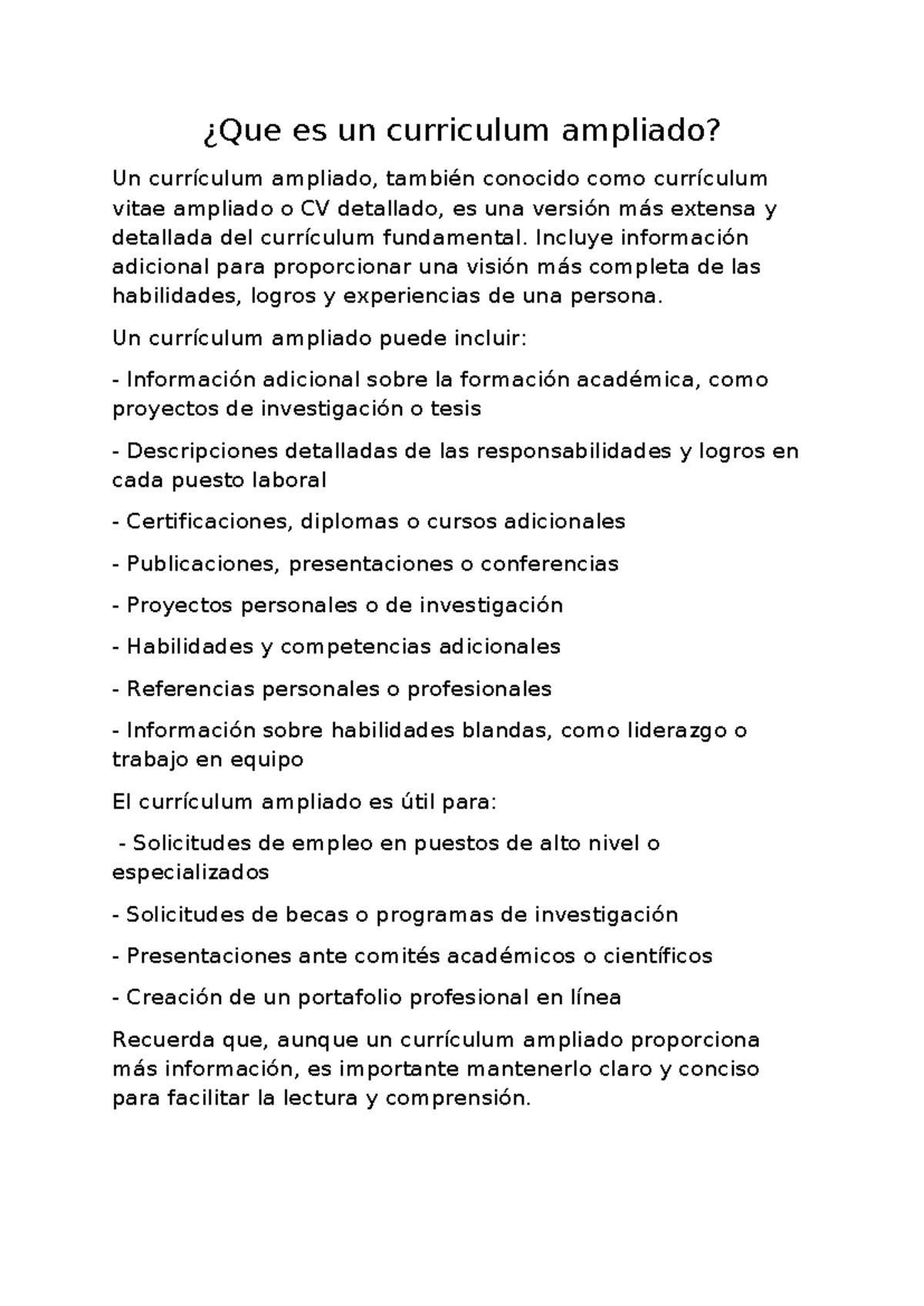 ¿Qué es un Currículum Ampliado? Definición y Usos Clave - Studocu