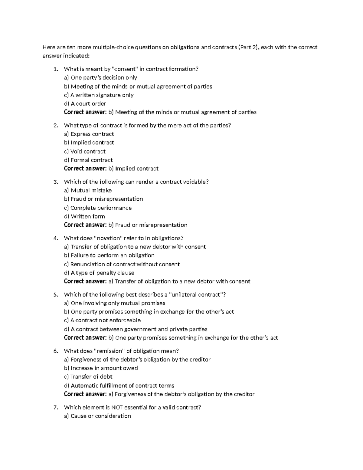 Obligations and Contracts Quiz (Part 3) with Answers - Studocu