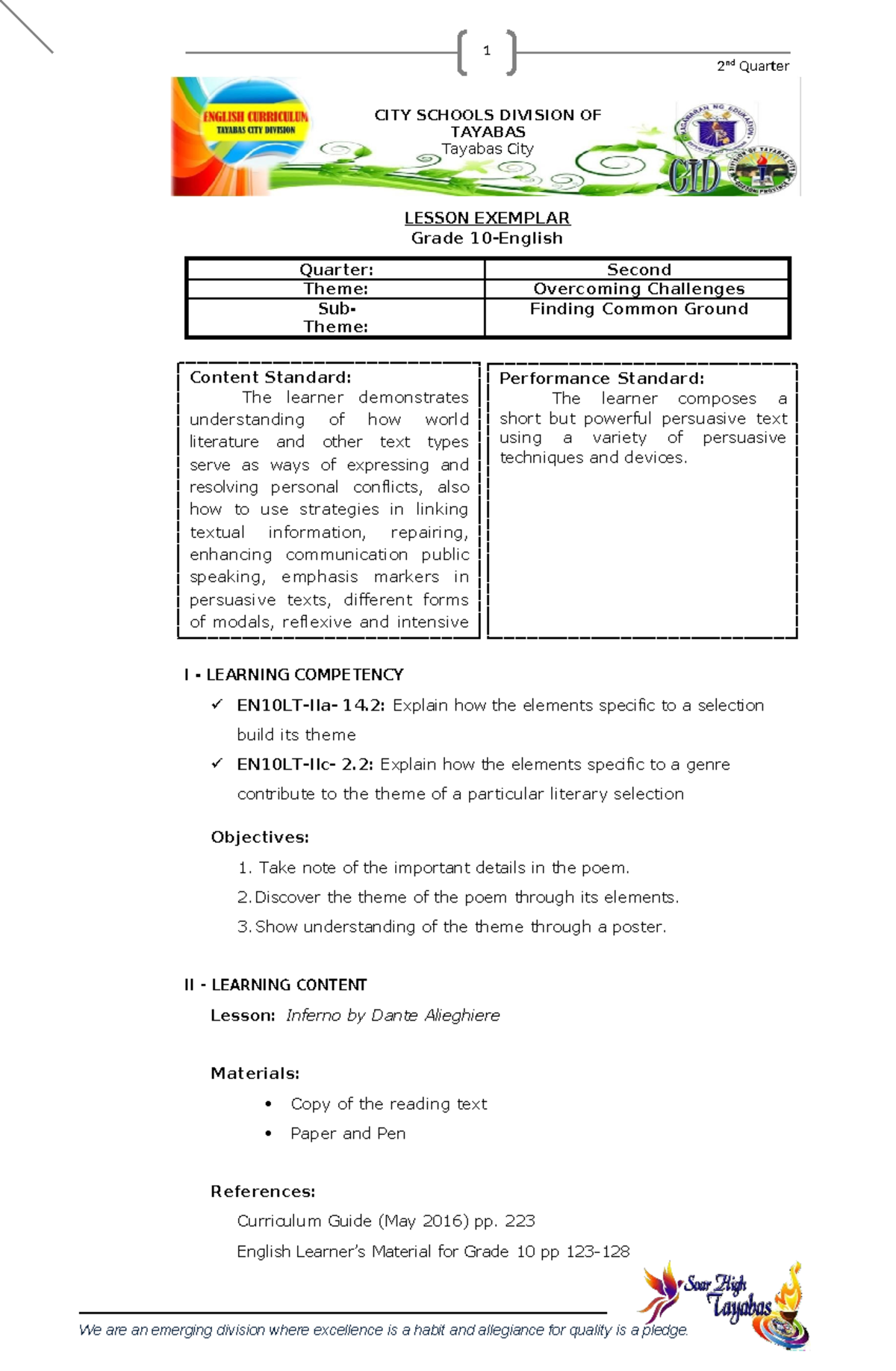 G10 English Lesson Exemplar: Overcoming Challenges 2nd Quarter - Studocu